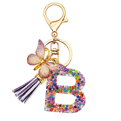 TTYY Initial Letter Keychain for Women Gift for Young Teenage Girl Gifts for Christmas to Mom Daughter Purple tassel (purple snow LetterB)