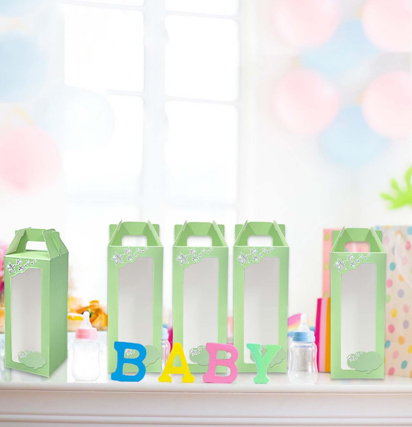 HEIPINIUYE 12 Pcs Sage Green Party Favor Boxes Gift Gable Boxes with Window Boho Candy Boxes Cookie Boxes for Birthday Wedding Baby Shower Party Decorations Candy Treat Boxes