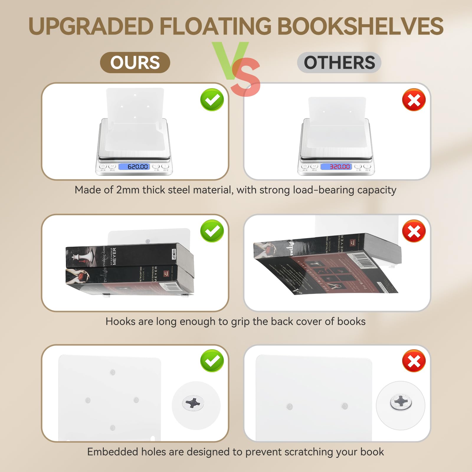 Invisible Floating Bookshelves for Wall, Set of 6 Heavy-Duty Floating Bookshelf Wall Mounted, Large Size Iron Wall Shelves Book Shelf Organizer for Bedroom Living Room Office Wall Decor (White)