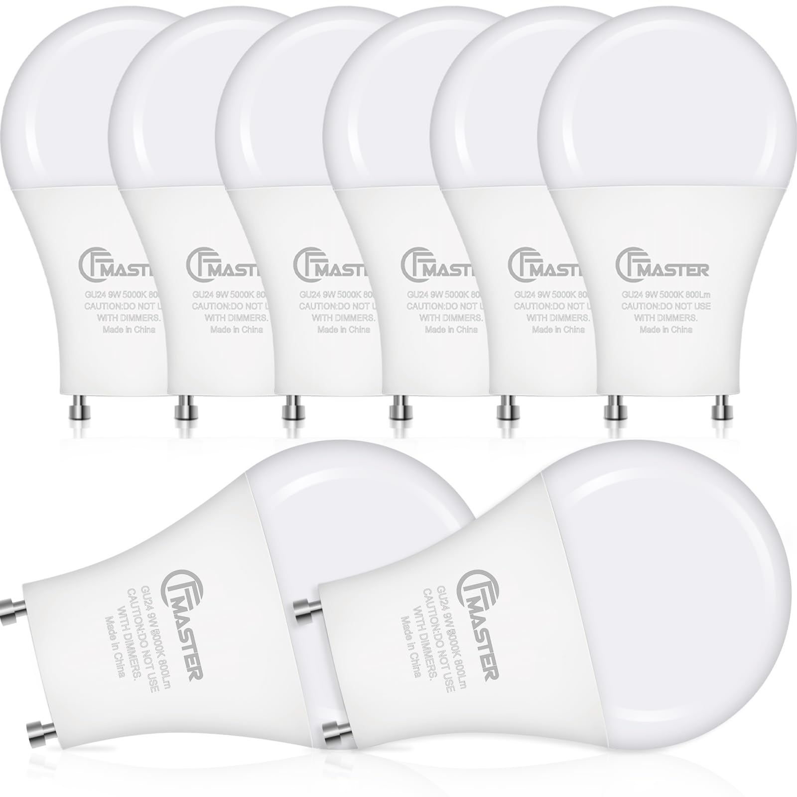 CFMASTER GU24 Led Light Bulb, 9W(100W Equivalent), 5000K Daylight, A19 Shape GU24 Light Bulb, 800 Lumens GU24 Led Bulb, CRI 85, Non-Dimmable ETL Listed(8-Pack)