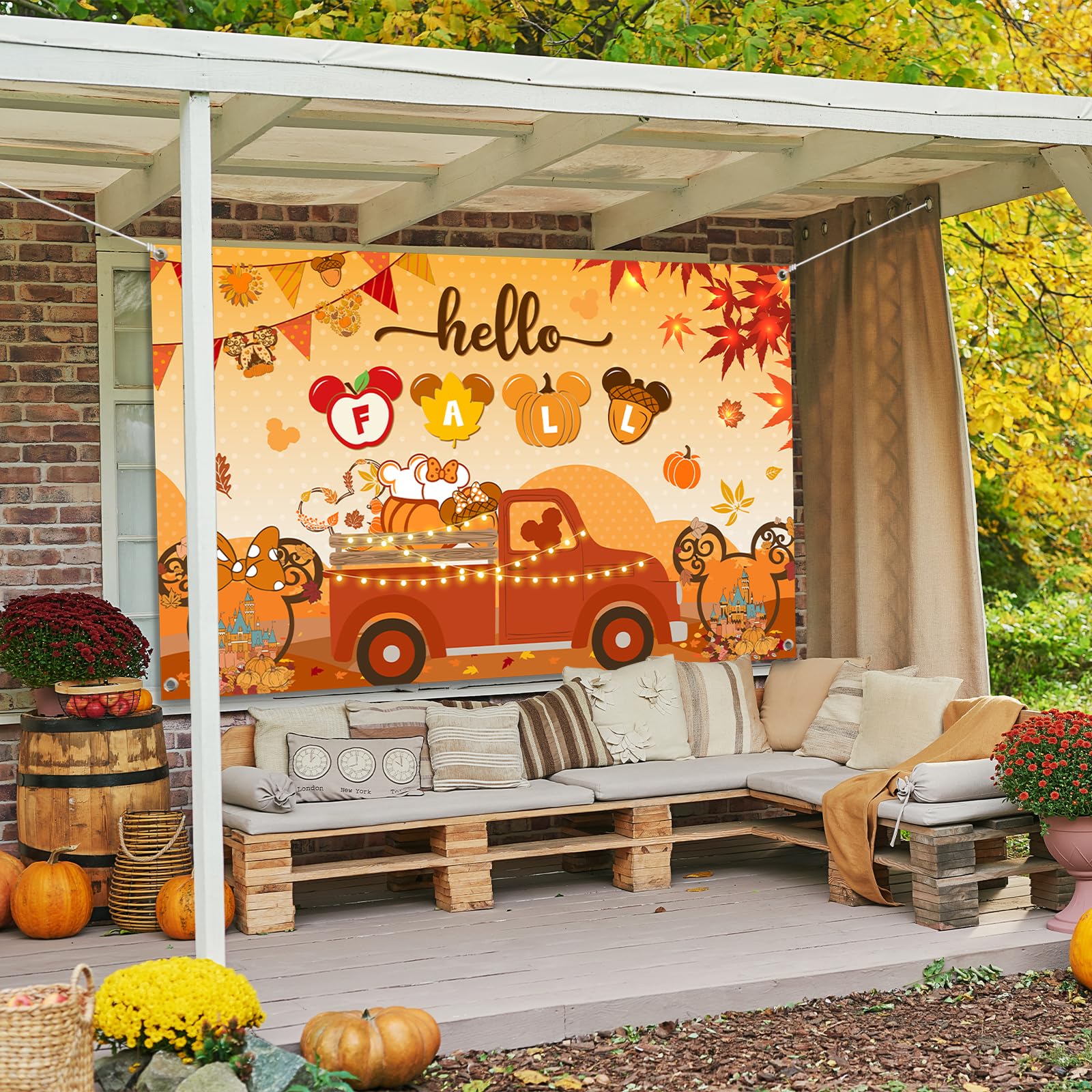 Hello Fall Backdrop Decoration,Fall Theme Supplies Mouse Pumpkin Photography Background Banner Maple Leaf Photo Props for Thanksgiving Party Decoration