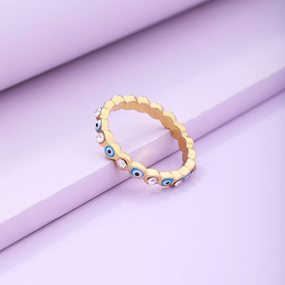 COLORFUL BLING 4 Pcs Set 14K Gold Plated Evil Eye Ring White Gold Plated Eye Ring Set Adjustable Stackable Rings Minimalist Protection Jewelry for Women Girls