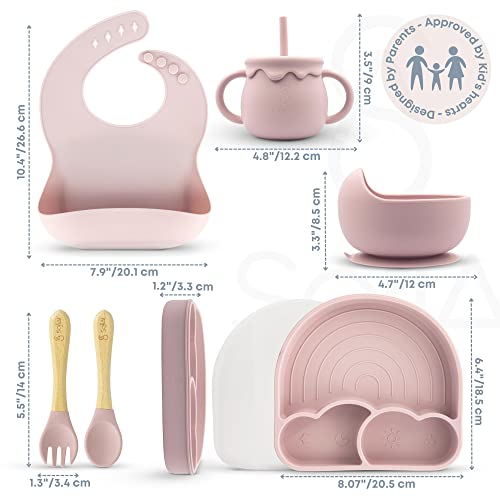 SofiAl Baby Led Weaning Supplies - Silicone Baby Feeding Set - Suction Bowl Divided Plate Bib Spoon Fork Straw Sippy Cup - Toddler Self Feeding Utensils - Infant First Stage Blw Dish 6 Months β 11pcs