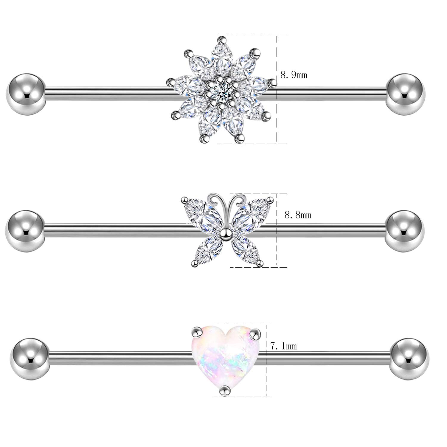 CHARM ONLINE 3PCS 14G Butterfly Flower Stainless Industrial Barbell Sparkly CZ Ear Industrial Piercing Bar for Women Men