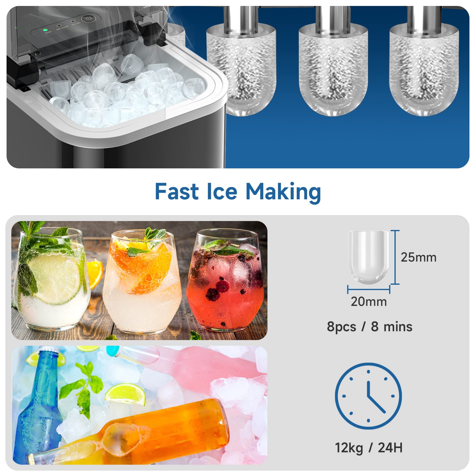 Ice Maker Countertop, Portable Ice Maker Machine with Handle, 26.5lbs/24Hrs, 8 Cubes in 6 Mins, Self-Cleaning Ice Makers for Home/Kitchen/Office/Bar