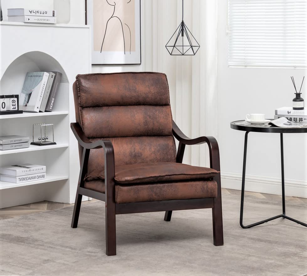 Container Furniture Direct Mid Century Modern Accent Chair for Living Room, Bedroom or Office, Retro-Styled Armchair with Solid Wood Frame and Plush Cushioning, Spotted Microfiber, Brown