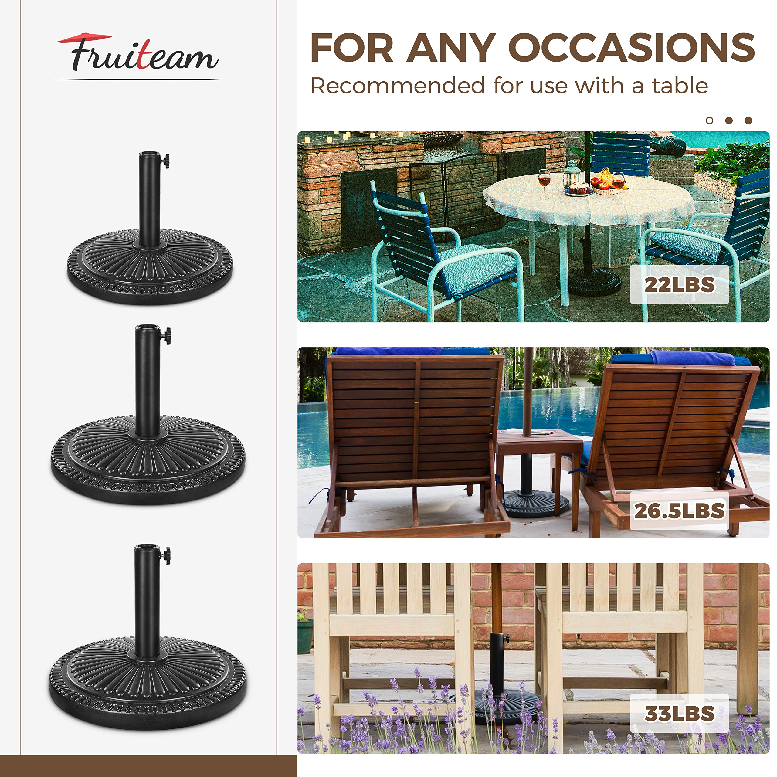 FRUITEAM 23-lbs Round Patio Umbrella Base Pre-Filled Umbrella Stand 15" Sun-Flower-Pattern Heavy Duty Market Umbrella Base Stand for Patio, Outdoor, Swimming Pool, Black
