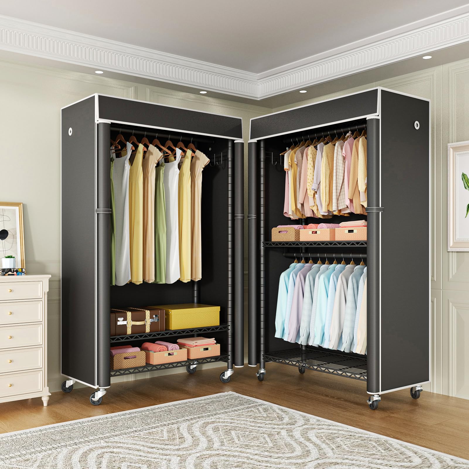FUTASSI Black Clothing Rack with Black Cover, P1C Rolling Closet Rack with Wheels, Metal Garment Rack for Hanging Clothes, Clothing Storage Wardrobe, 36.2" W x 16.5" D x 78.7" H, Load 450 Pounds