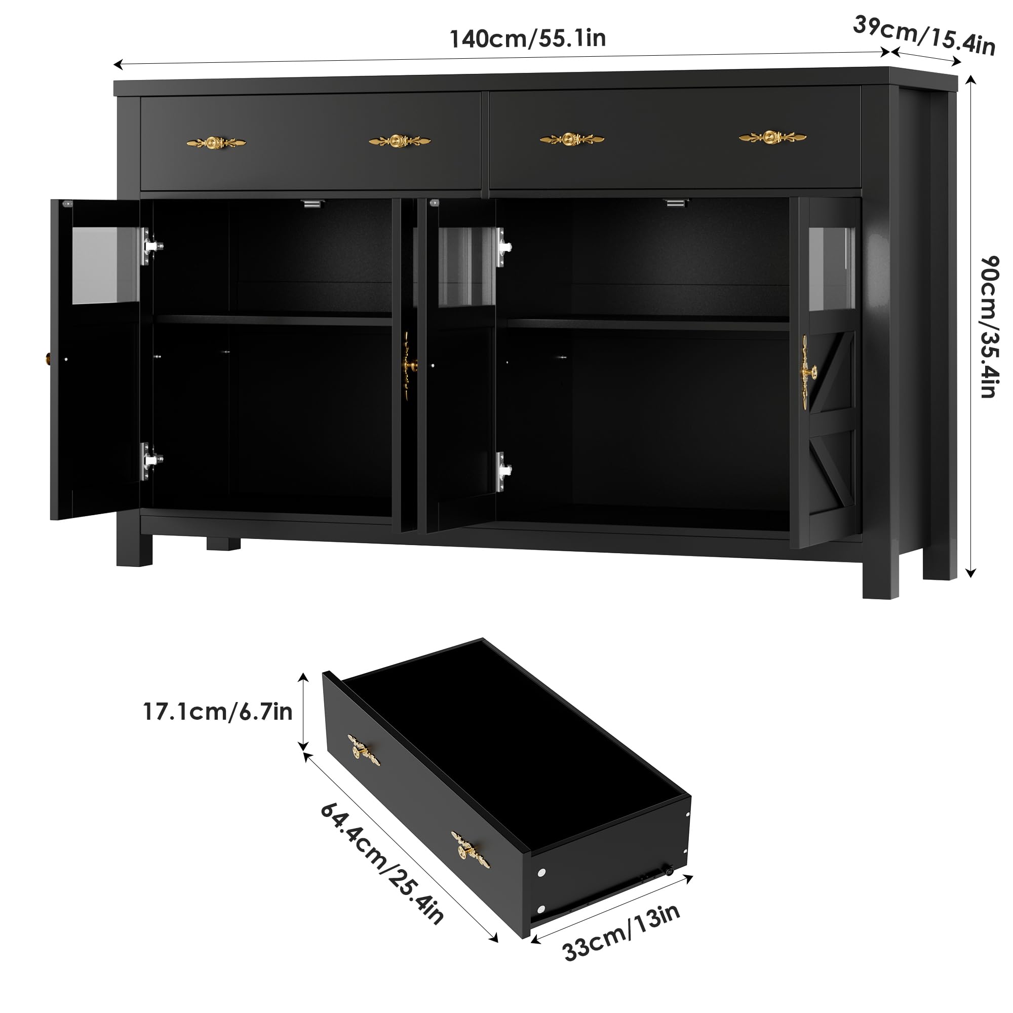 FINETONES Buffet Cabinet with Storage, 55.1" Large Sideboard Buffet Cabinet, Farmhouse Sideboard Kitchen Cabinet with 2 Drawers and 4 Doors, Wood Coffee Bar Cabinet Buffet Table for Kitchen, Black