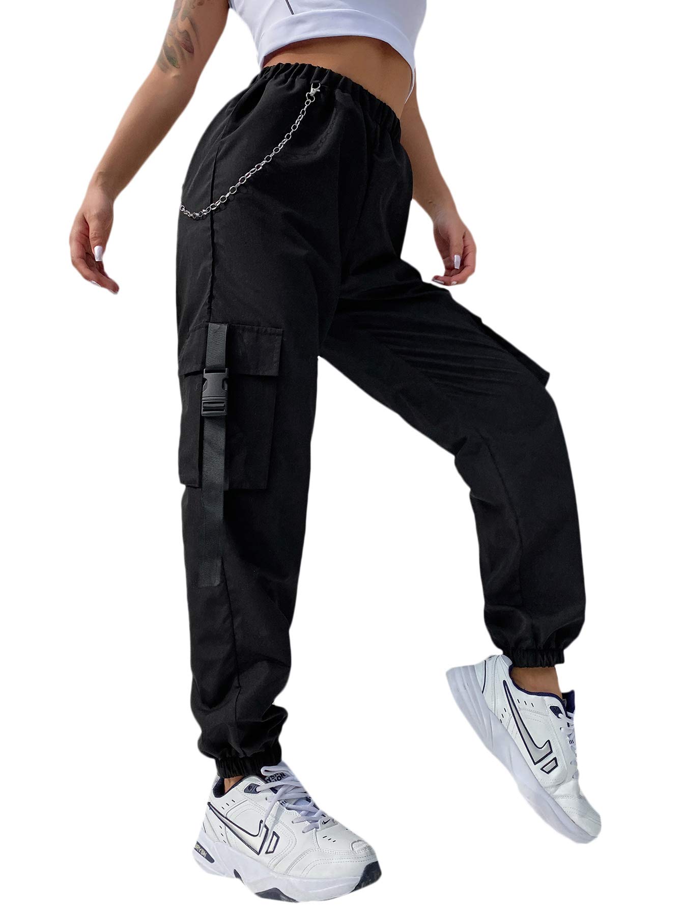 DIDK Women's High Waisted Flap Pocket Solid Jogger Cargo Pants with Chain Black M