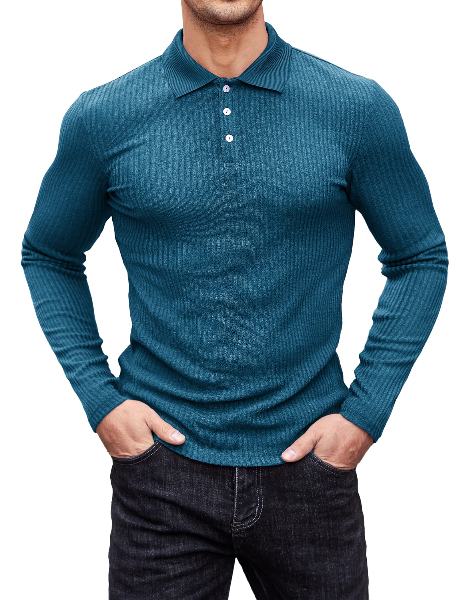 COOFANDY Mens Long Sleeve Polo Shirt Knit Pullover Golf Tops Sweater T Shirts Blue
