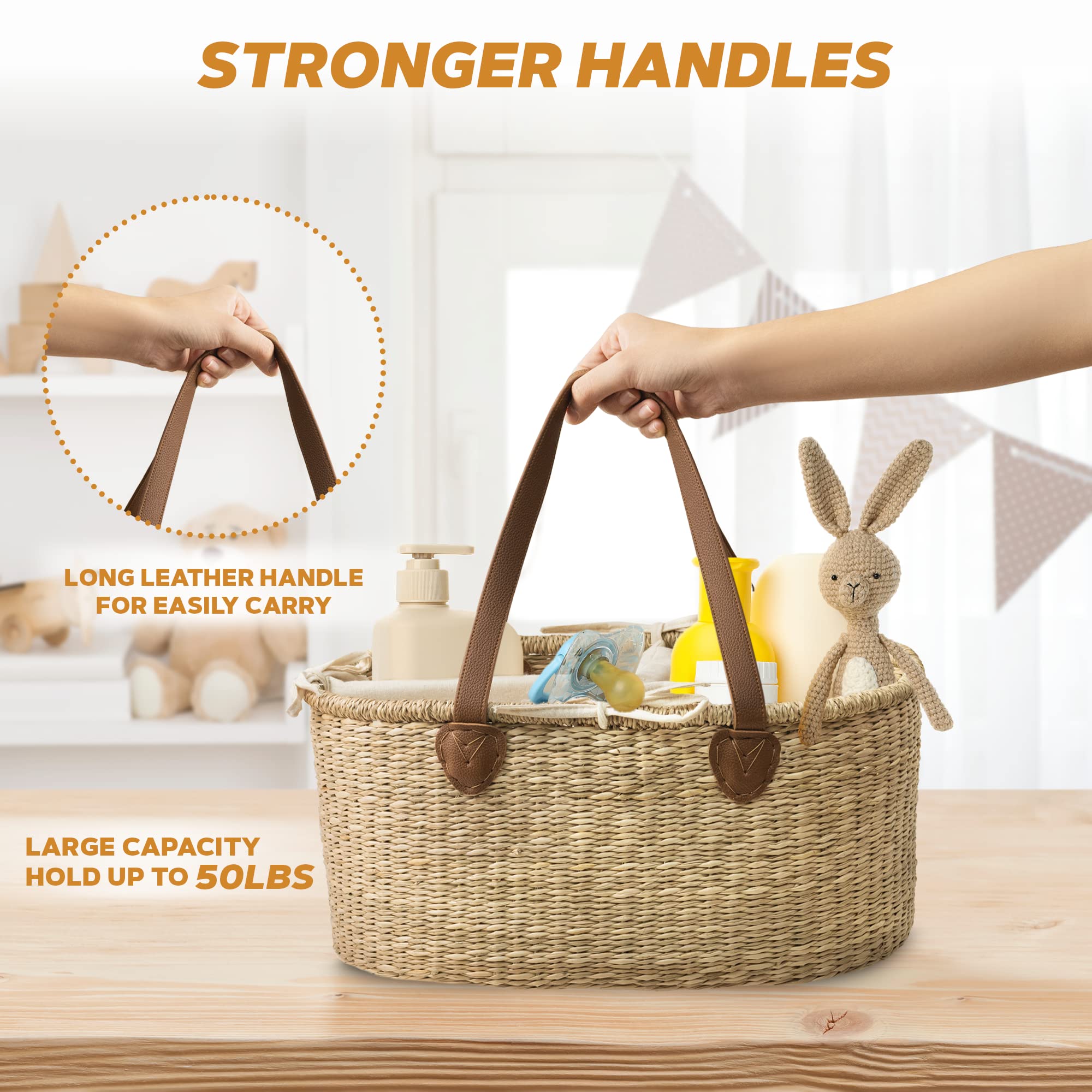 GAIAMADE Seagrass Diaper Caddy, Practical Diaper Holder with Handles, Hand-woven Rattan Baby Diaper Caddy Organizer, Neutral Nursery Organizing, Decoration and Gift (included 2 Cotton Drawstring Bags)