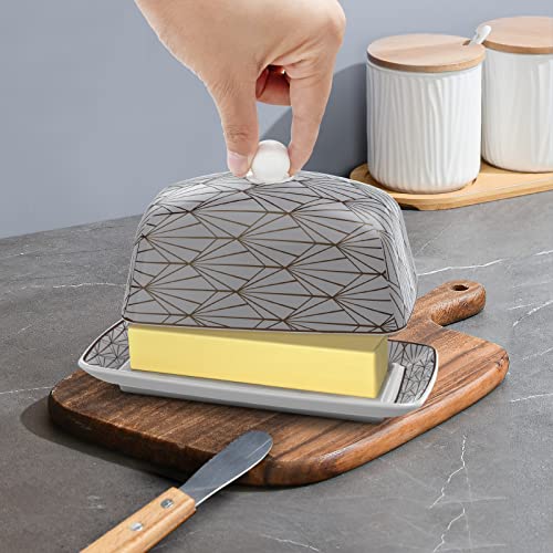Porcelain Butter Dish With Lid, MEKY Butter Keeper With Handle Cover, Ceramic Butter Holder Container for Storing 1 Western Or Eastern Butter Stick
