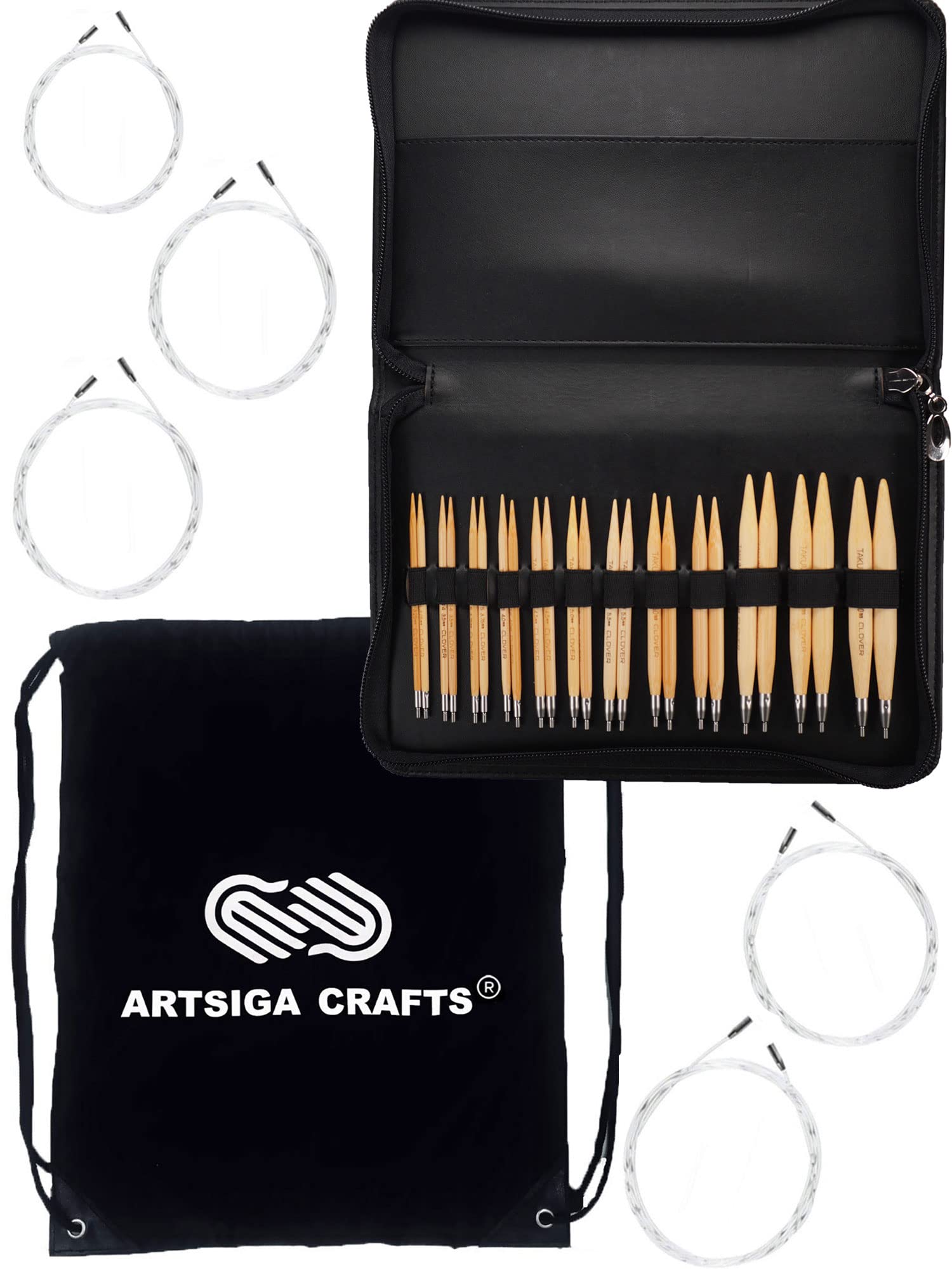 Clover Needlecraft Takumi Bamboo Interchangeable Circular Knitting Needle Gift Set Bundle with 1 Artsiga Crafts Project Bag 3683