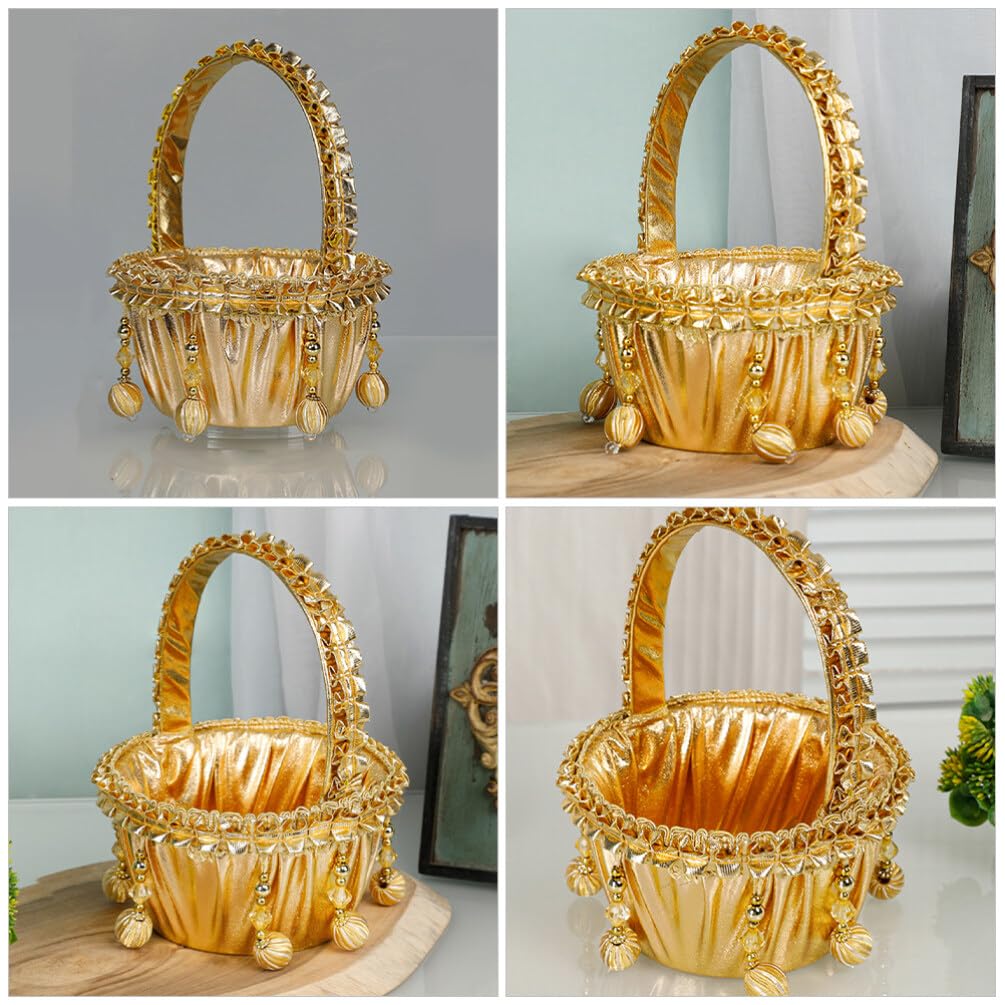 Golden Flower Girl Baskets for Wedding Flower Girl Basket Handle Baskets with Beaded Tassel Bridal Rose Petals Basket Rustic Picnic Storage Basket for Easter
