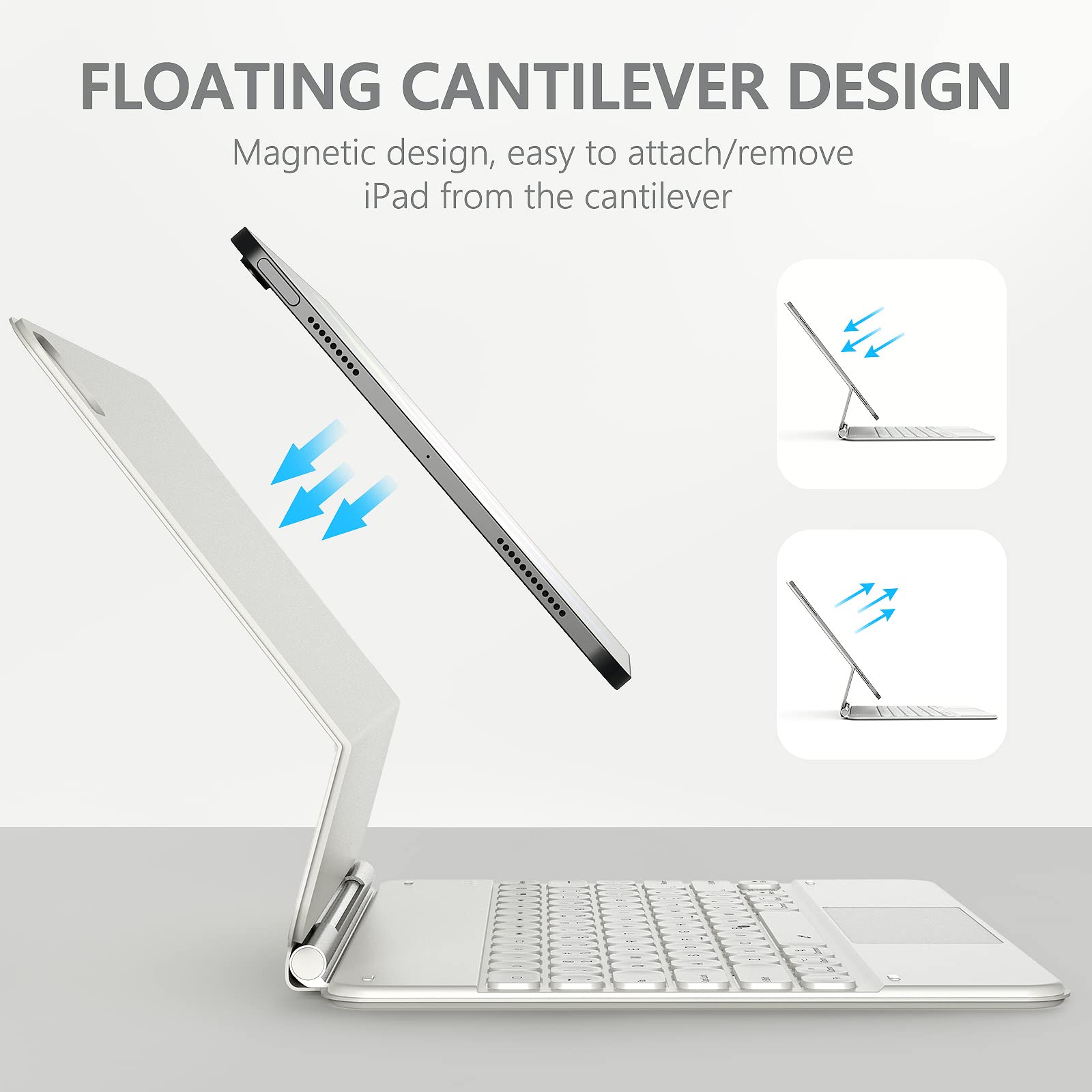 FDQI Floating Cantilever Stand Magnetic Keyboard Case Compatible with iPad Pro 12.9 inch 2022 (6th/5th/4th/3rd Gen), iPad Case with iPadOS Shortcuts, Multi-Touch Trackpad, 7-Color Backlit-White