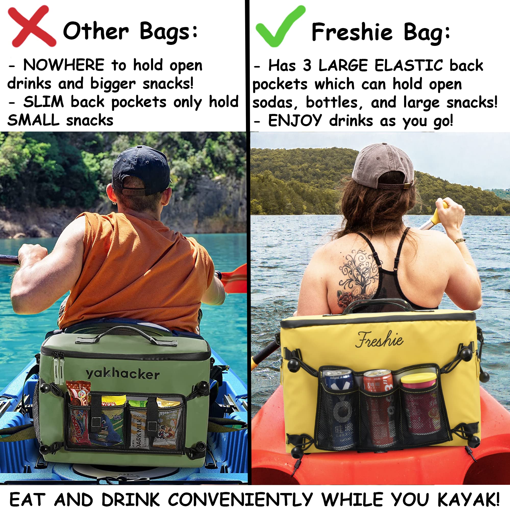 Freshie Insulated Kayak Cooler Bag with Cup Holders/Drink Carriers Premium, for Outdoors, Beverage, Seat Back, Lawn-Chair, Stores Drinks and Keeps Them Cool All Day Kayaking (Yellow)
