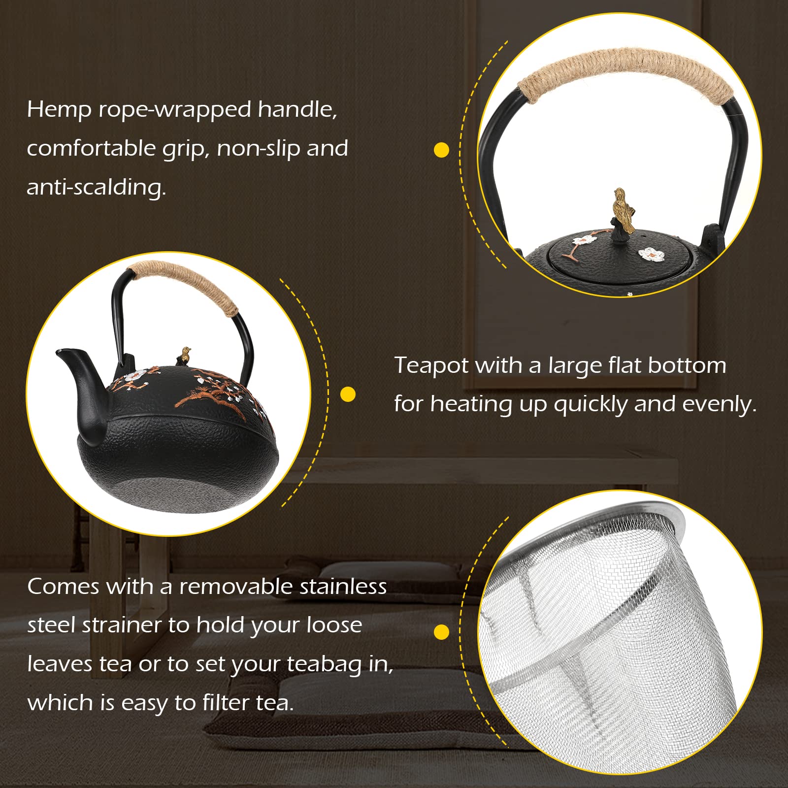 Dyna-Living Cast Iron Teapot Japanese Tea Kettle Set 1200ml/40.6oz Japanese Cast Iron Teapot Set with 4 Tea Cups Japanese Style Tea Pot with Infuser Cast Iron Tea Kettle for Tea Lover