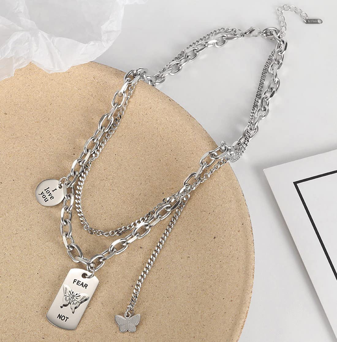 CooJew Stainless Steel Layered Necklace Smiling Face Pendant,19" Adjustable Multilayer Choker Punk Long Chain for Women Men