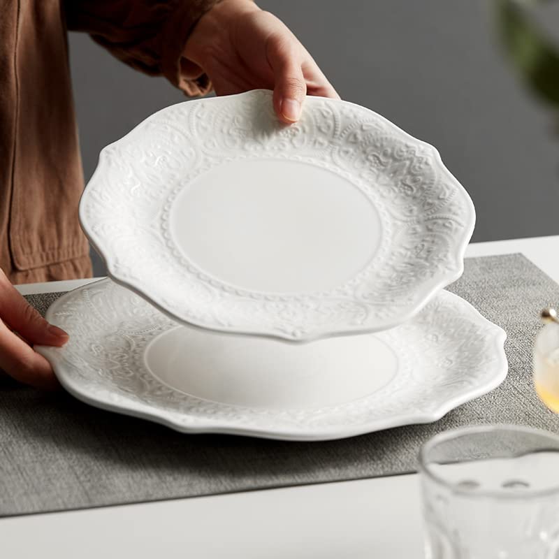 SOUJOY Set of 6 Porcelain Dinner Plate, 10.5'' White Dinner Dish, Embossed Printing Dinnerware Plate for Dinner, Restaurant, Family Party and Kitchen, Microwave, Dishwasher Safe