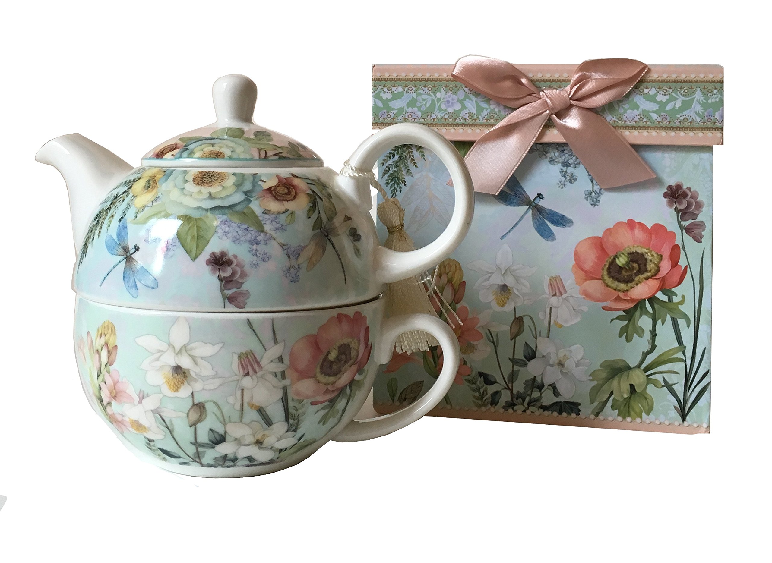 Delton Products 5.8" Porcelain Tea for One in Gift Box, Dragonfly