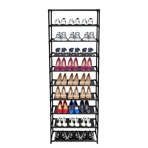 LFGUD 10 Tiers Shoe Rack, Simple Houseware 10-Tier Shoe Rack Storage Organizer 30-Pair, Easy Assembled Shoe Tower Stand, Sturdy Shoe Stand, Non-Woven Fabric Shoe Shelf Organizer Closet for Home, Black