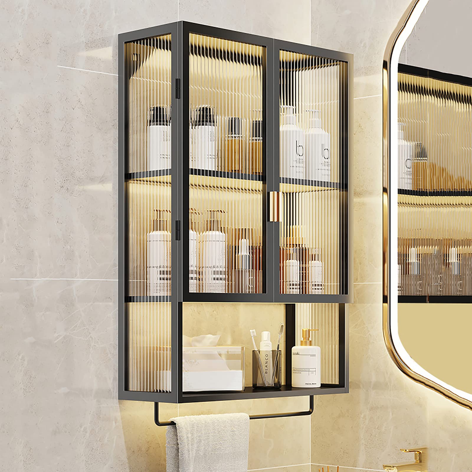 FUYAO Bathroom Wall Cabinet,Metal Medicine Cabinet with Glass Door,Bathroom Cabinet Wall Mounted with Towel Bar,Over The Toilet Storage Cabinet,Hanging Cabinet for Bathroom, Livingroom
