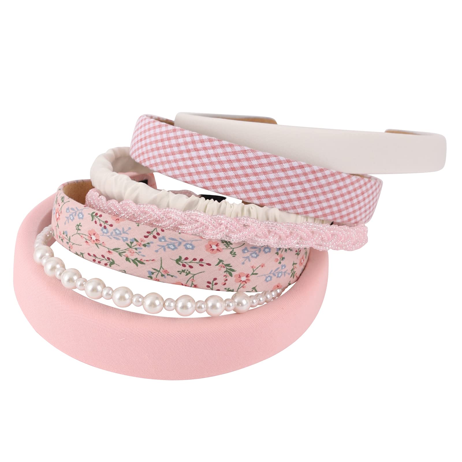 Drnytunk Women's Pearl Floral Padded Wide Bandana Headbands, Vintage Hair Accessories, Pink