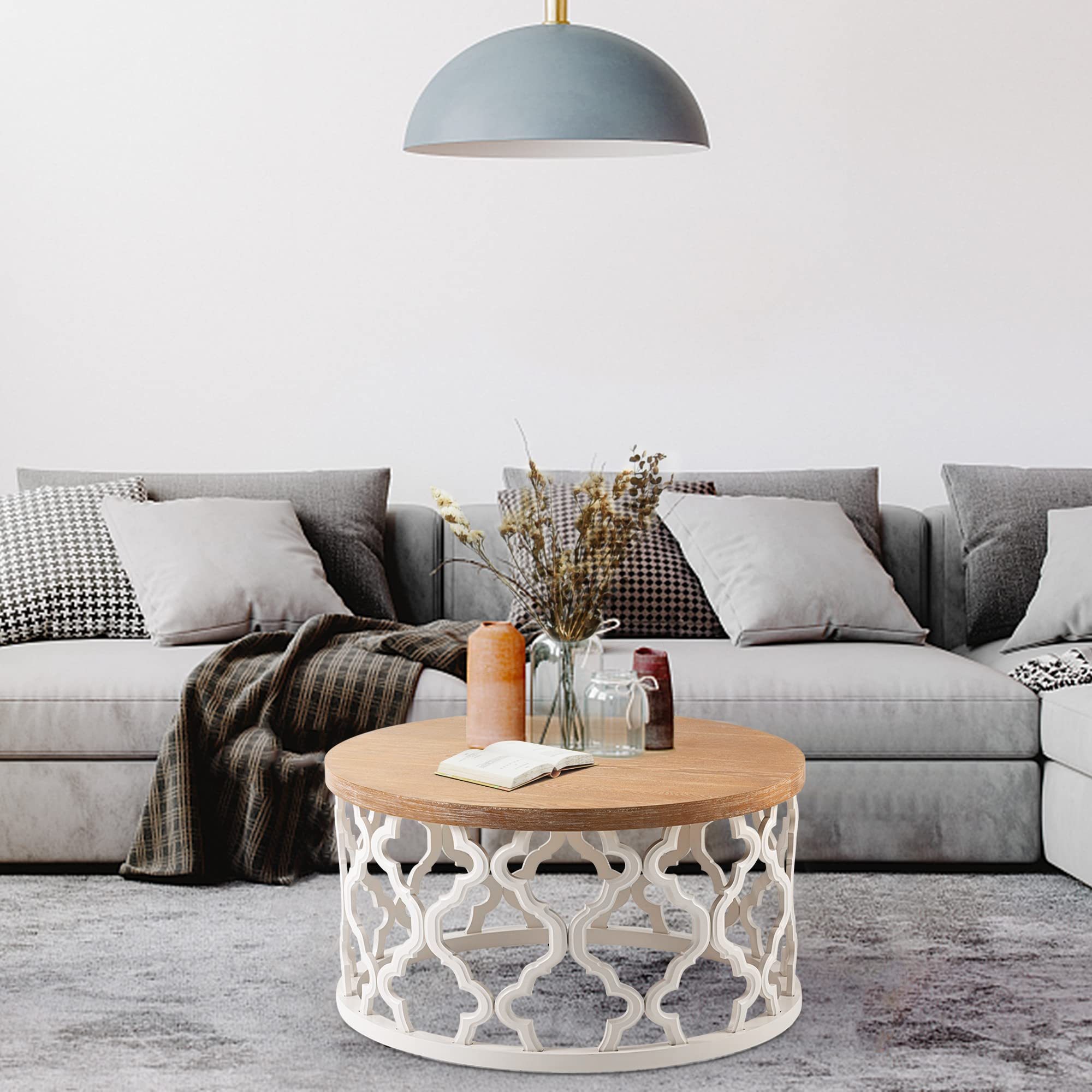 Clredg Round Farmhouse Coffee Table, Wood Grain Top Table with Curved Motif Frame Base for Rustic, Boho, Rustic, French Country Decor, Traditional White
