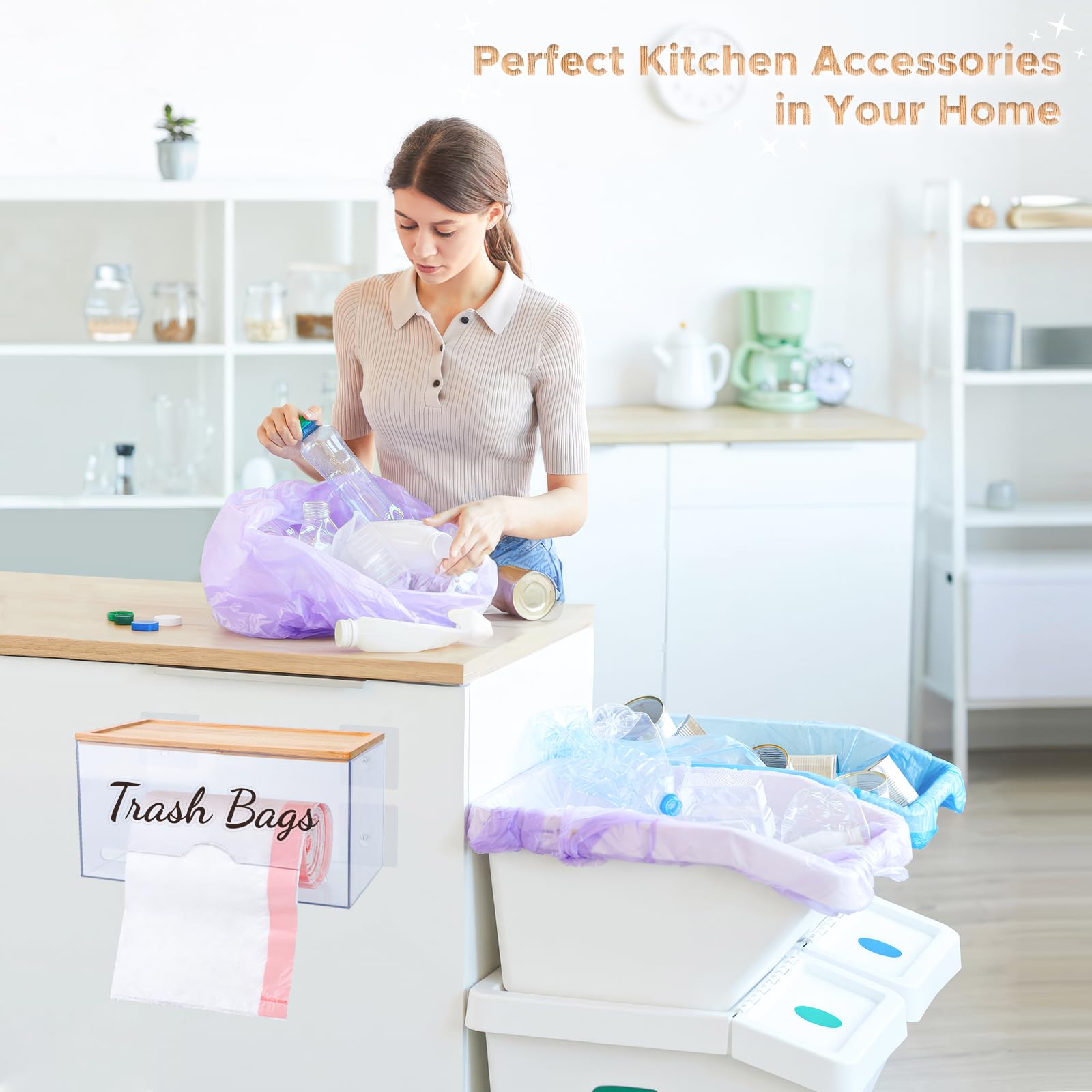 JYPS Trash Bag Holder Dispenser Organizer With Bamboo Lid, Wall Mounted, Garbage Bag Dispenser Holder, Trash Bag Dispenser Standrad Roll Holder for Kitchen Organization, Under Sink