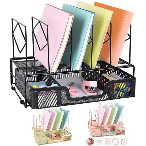 Spacrea Desk Organizers and Accessories, File Folder Holders Desktop Organization with 5 Upright Sections & Drawer, Great for Workspace College Dorm Home OfficeďźBlackďź