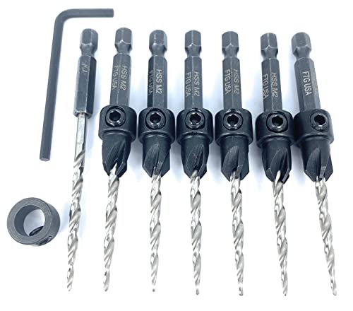 FTG USA Countersink Drill Bit Set 6 Pc #6 (9/64") Wood Countersink Drill Bit, Pro Pack Countersink Bit, 1 Extra Tapered Drill Bit for Countersink, 1 Stop Collar, 1 Hex Wrench