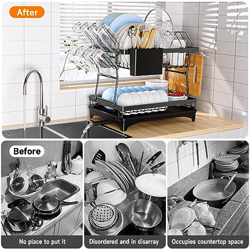 PKBD Rustproof Dish Drying Rack, 2 Tier Dish Rack with Drainboard, Cup Holder, Detachable Dish Drainer Organize Shelf with Utensil Holder Set, Large Dish Racks for Kitchen Counter, Black