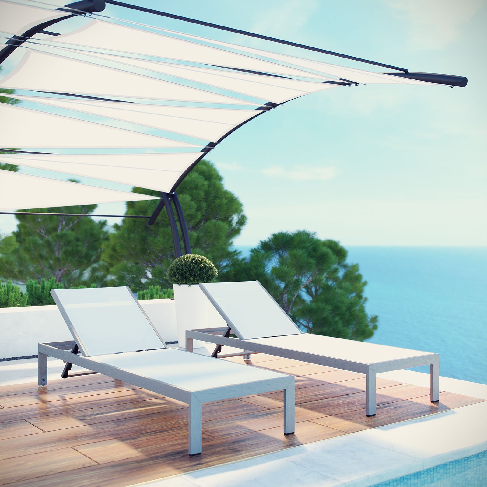 Modway Shore Aluminum Textilene® Mesh Outdoor Patio Two Poolside Chaise Lounge Chairs in Silver White