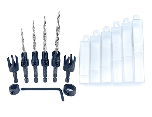 FTG USA Wood Countersink Drill Bit Set Sizes 6 8 10 12 Countersink Tapered Drill Bits, 2 Wood Plug Cutter for Sizes 3/8" and 1/2", 2 Stop Collars, 1 Allen Wrench, and 6 Storarage Containers