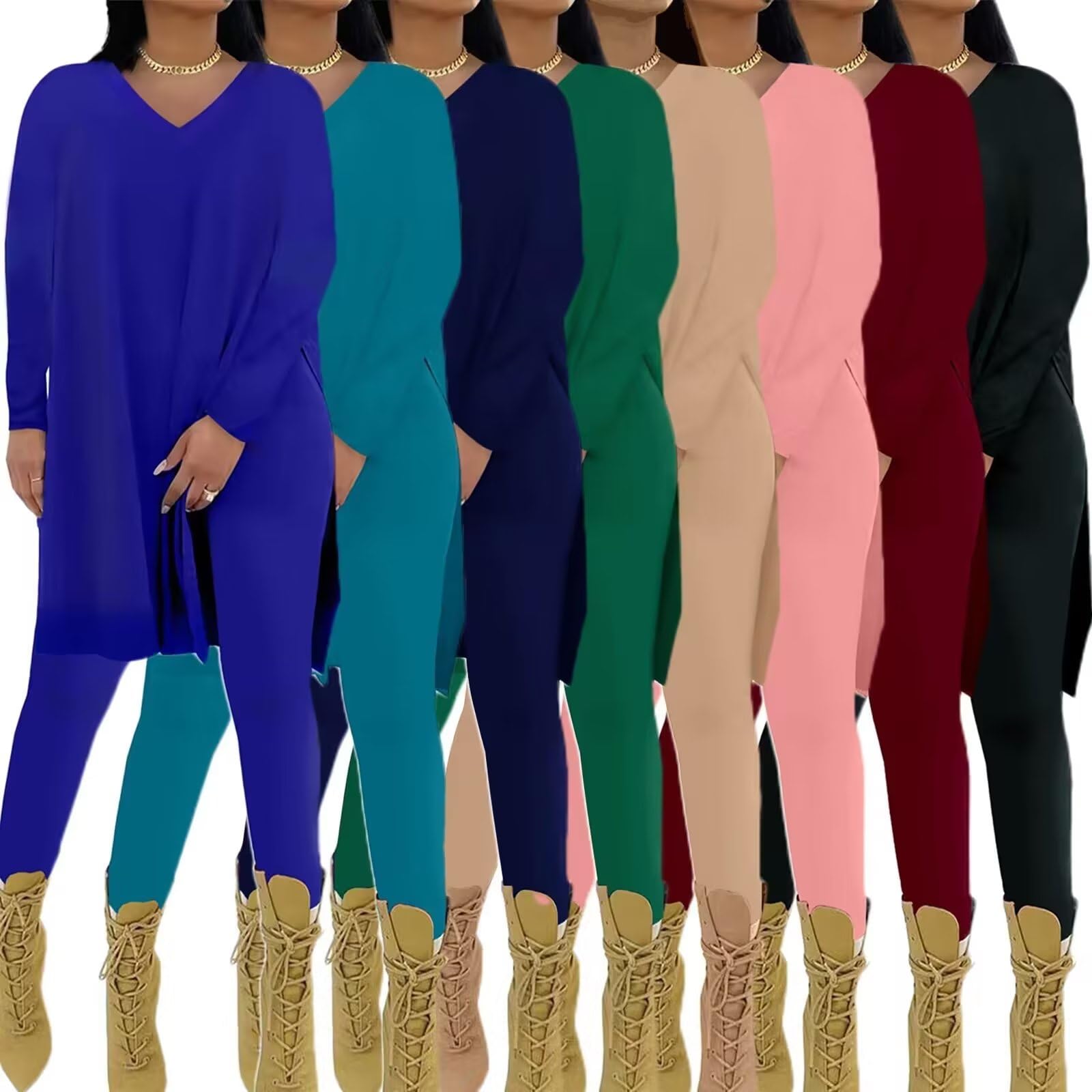 Difanlv Plus Size Women 2 Piece Outfits Sweatsuits V Neck Tunic Tops Bodycon Pants Tracksuits Sets Black,XX-Large