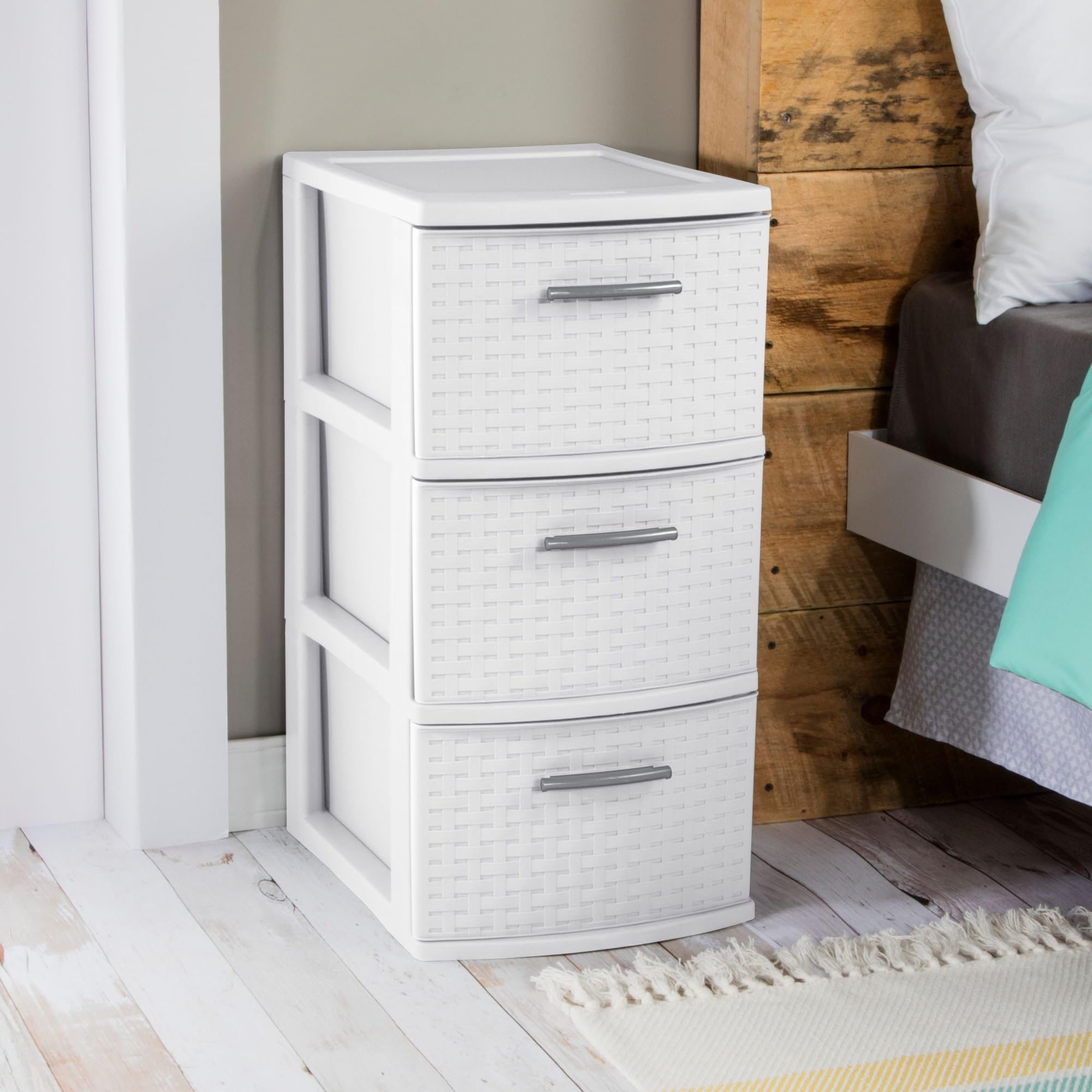 HErtL 3-Drawer Wide Weave Design Storage Tower, White Frame & Drawers w/Driftwood Handles,Case of 1 (White)