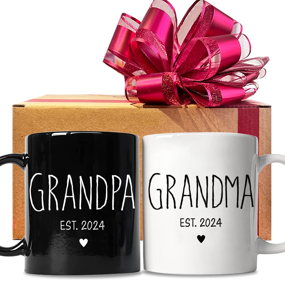 FALJIOK 2Pcs Grandparent Coffee Mugs 11oz Est 2024 Set, 2024 Best Congratulatory Gifts for Grandparent Mom Dad, Christmas Birthday Thanksgiving Gifts for Grandma Grandpa Black & White