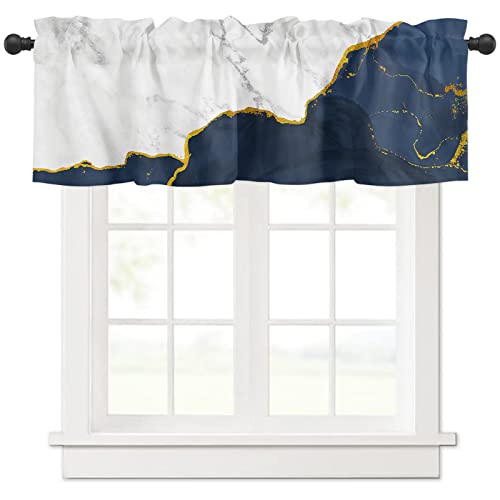 Vograud Valances for Windows, Abstract White and Navy Blue Marble with Gold Line Rod Pocket Kitchen Curtains Valances, Short Window Valances for Living Room Bathroom 42” x 18”