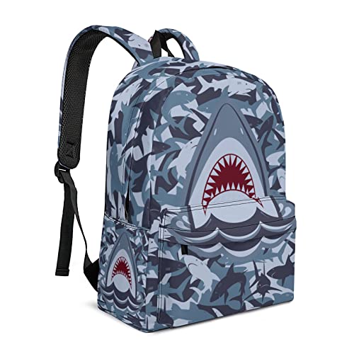 Lightweight Shark Boys School Backpack, Classic Bassic Bookbag for Middle School Students, Cute Shark Patterned Casual Daypack for College, Travel, Work with 15-Inch Laptop Compartment, 17 IN-Grey