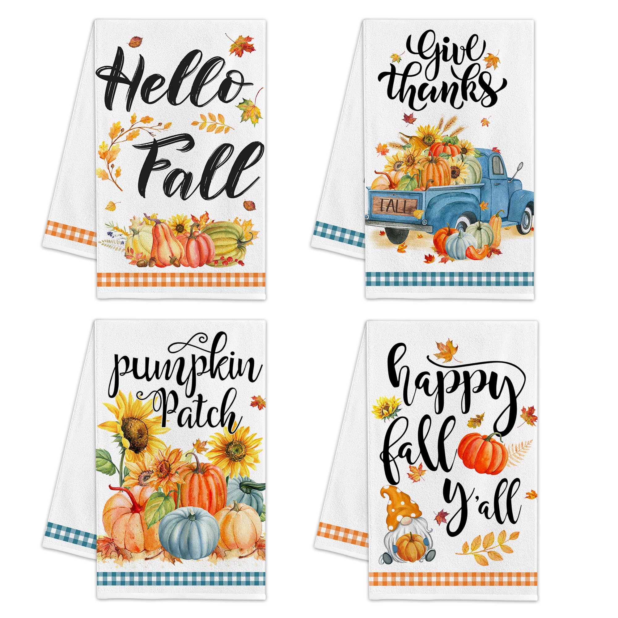 Fall Kitchen Towels Sets of 4 - Autumn Fall Dish Towels Dishcloths - Fall Hand Towels Bathroom Thanksgiving Tea Towel - Buffalo Plaid Pumpkin Gnome Farmhouse Theme Decorative Quick Dry Microfiber
