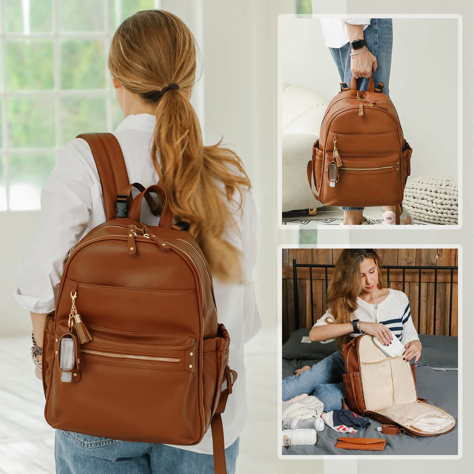 Diaper Bag Backpack Leather Diaper Bag with Hand Sanitizer Holder & Mini Diaper Bag