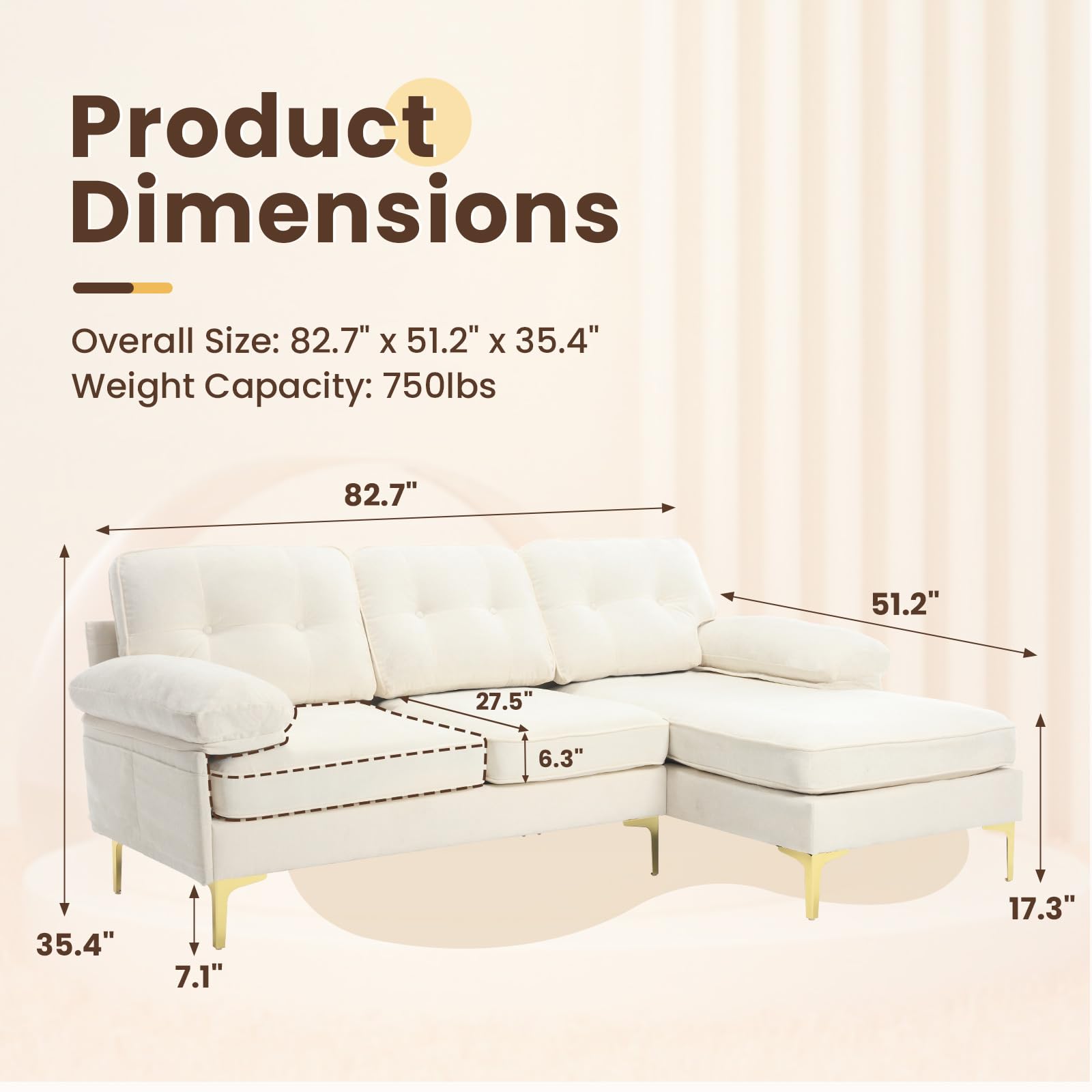 Fiona's magic L Shape Couch with Chenille Fabric, Convertible Sectional Sofa Couch for Living Room with Reversible Chaise, 3-Seat Modern Couch with Removable Cushion for Small Apartment