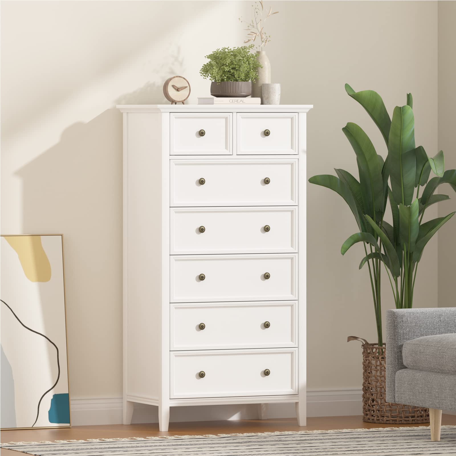 IKENO White 7 Drawer Tall Dresser, Tall Solid Wood Large Storage Cabinet, Modern Simple White Tall Chest of Drawer for Bedroom Living Room Hallway Entryway (White)