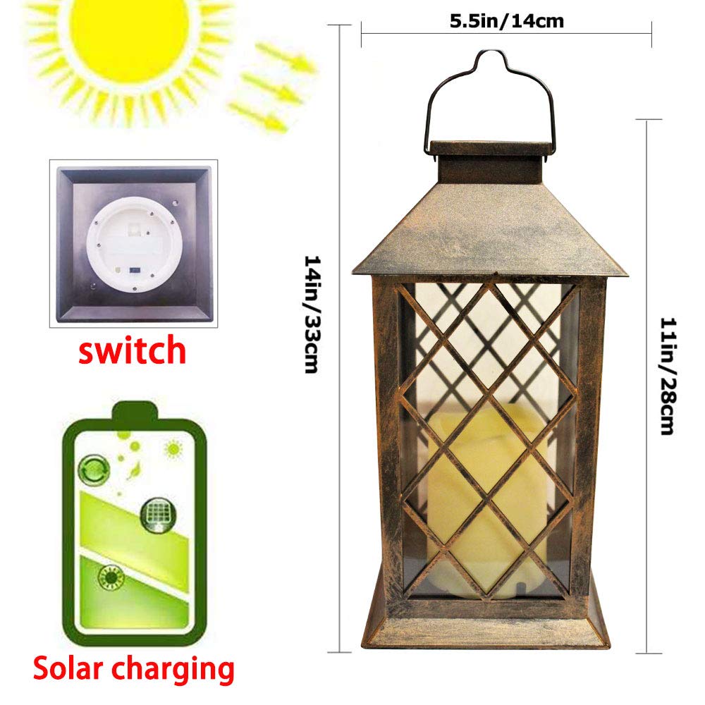 Solar Lantern Lights Hanging Lanterns Outdoor, PVC Waterproof LED Flickering Flameless Candle Decorative Solar Lantern, for Patio Courtyard Garden (2 Pack)