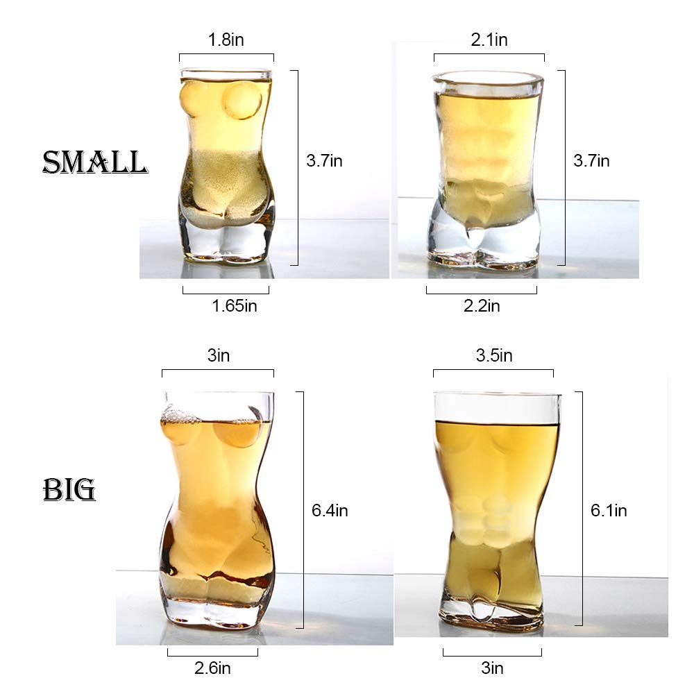 DKY Whiskey Glasses - Beer Stein Male Female Shaped Custom Design Shot Glasses [Set of 2] - Tequila Vodka Whiskey Bourbon Funny Durable Style - 2.1 & 2.1ounce