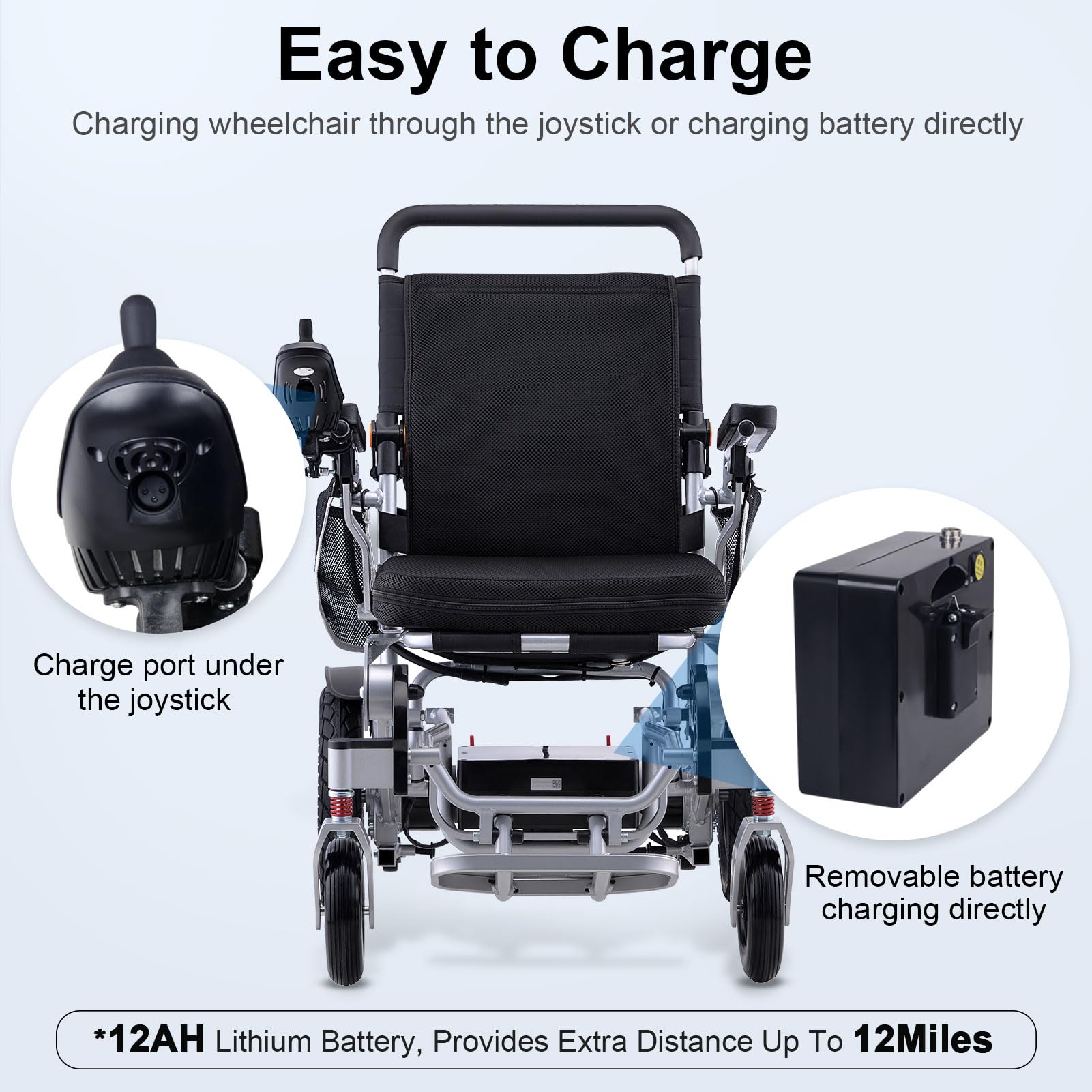 Electric Wheelchair 2024 New Update Folding Power Mobility Wheelchair Weight 64 lbs with 12" Solid Rear Tires More Stable