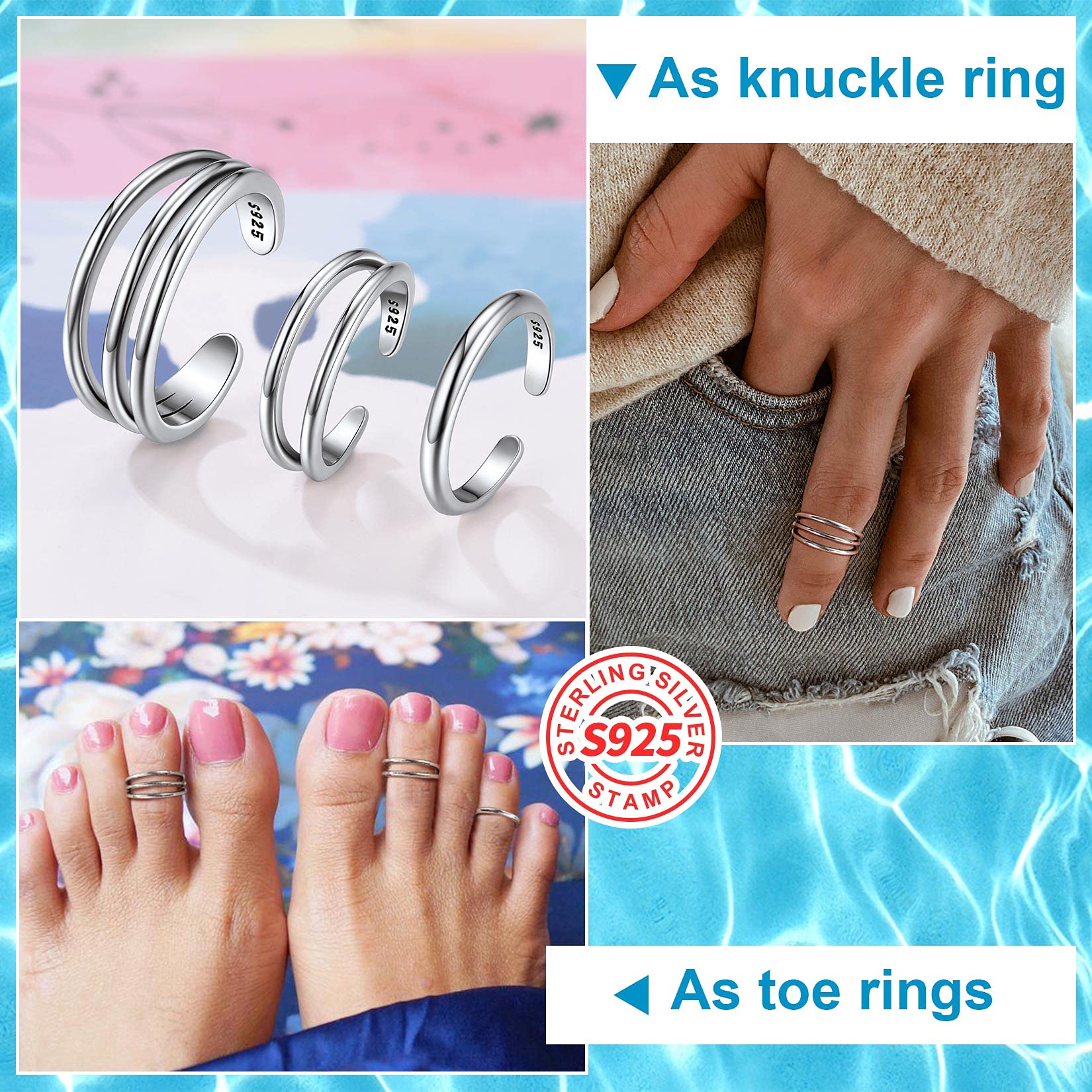 ChainsPro Silver Toe Rings Set for Women 3pcs Pinky Rings Foot Jewelry Sterling Silver Toe Ring