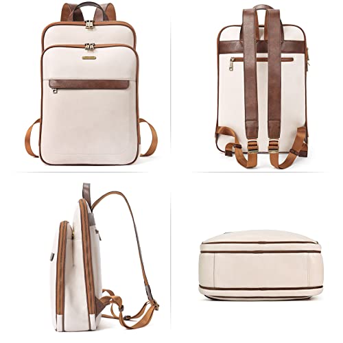 CLUCI Leather Laptop Backpack Purse for Women 15.6 inch Computer Backpack Stylish Travel Bag Daypack Beige with Brown