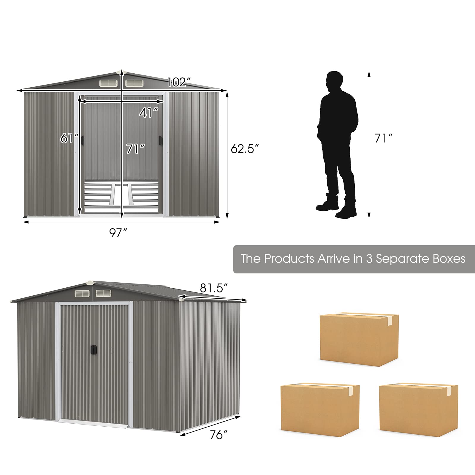 IRONMAX Outdoor Storage Shed with Floor, 8x6 FT Galvanized Steel Large Garden Shed w/Lockable Sliding Doors & Air Vent, Heavy Duty Tool Storage House for Backyard Patio Lawn
